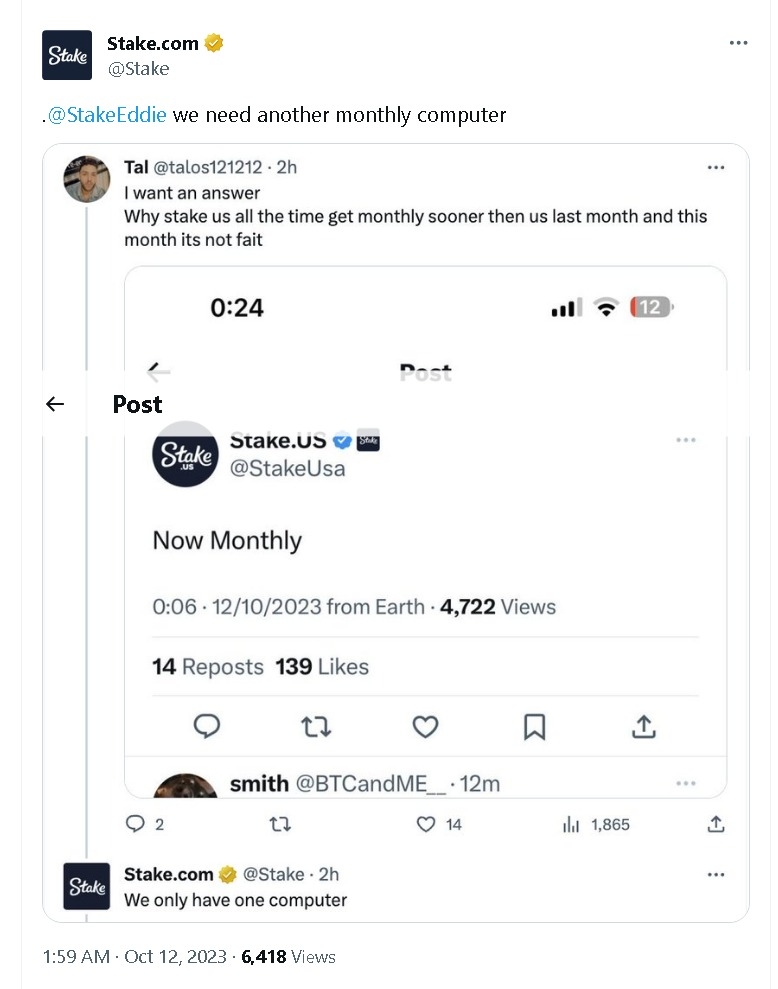 Really professional Tweet from stake.com Chapeau. - Casino Discussion ...